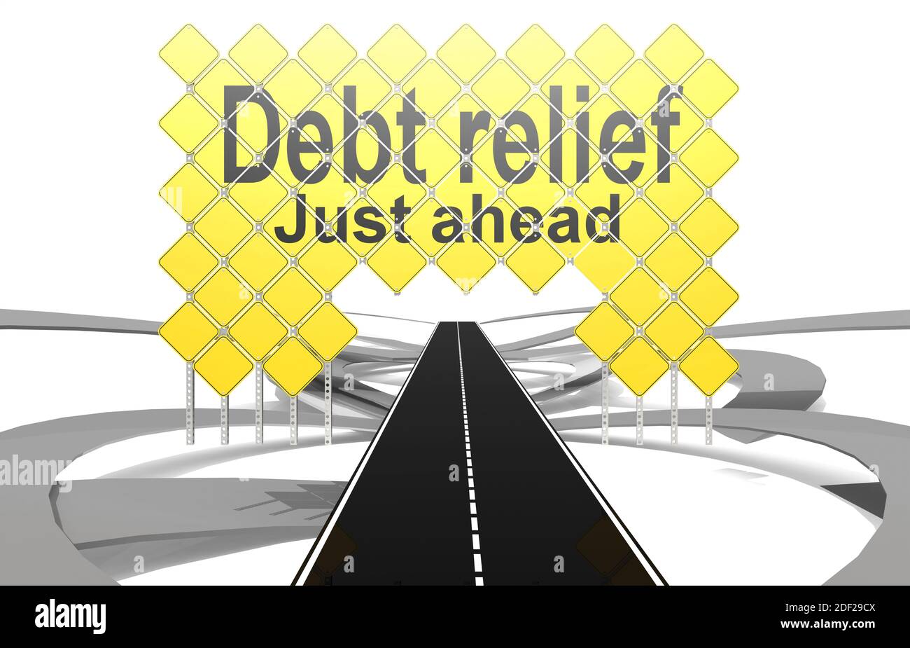 Debt relief just ahead word on giant yellow road signs, 3D rendering ...