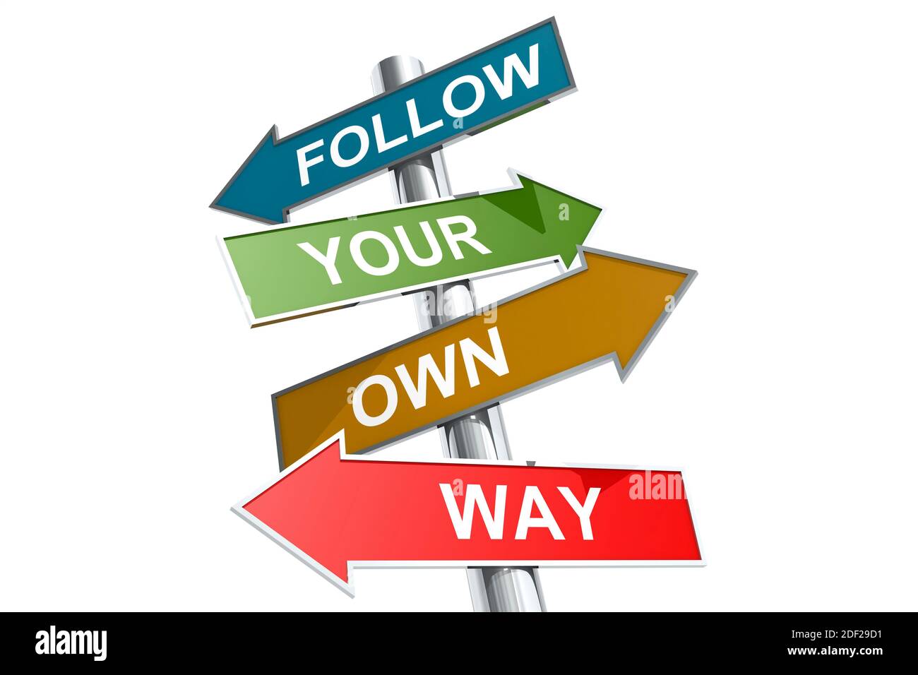 Direction street post with word follow your own way on colorful banner ...