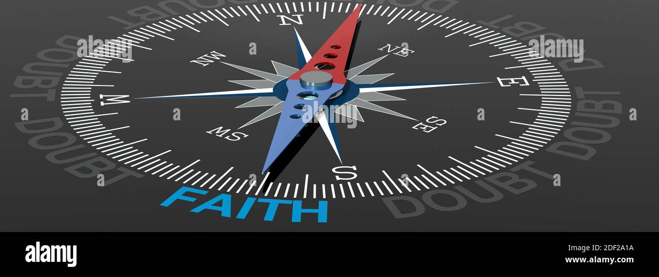 Faith word on compass with blue and red needle, 3D rendering Stock ...