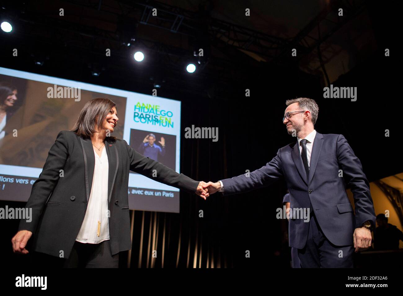Paris Mayor and candidate for re-election Anne Hidalgo with Emmanuel ...