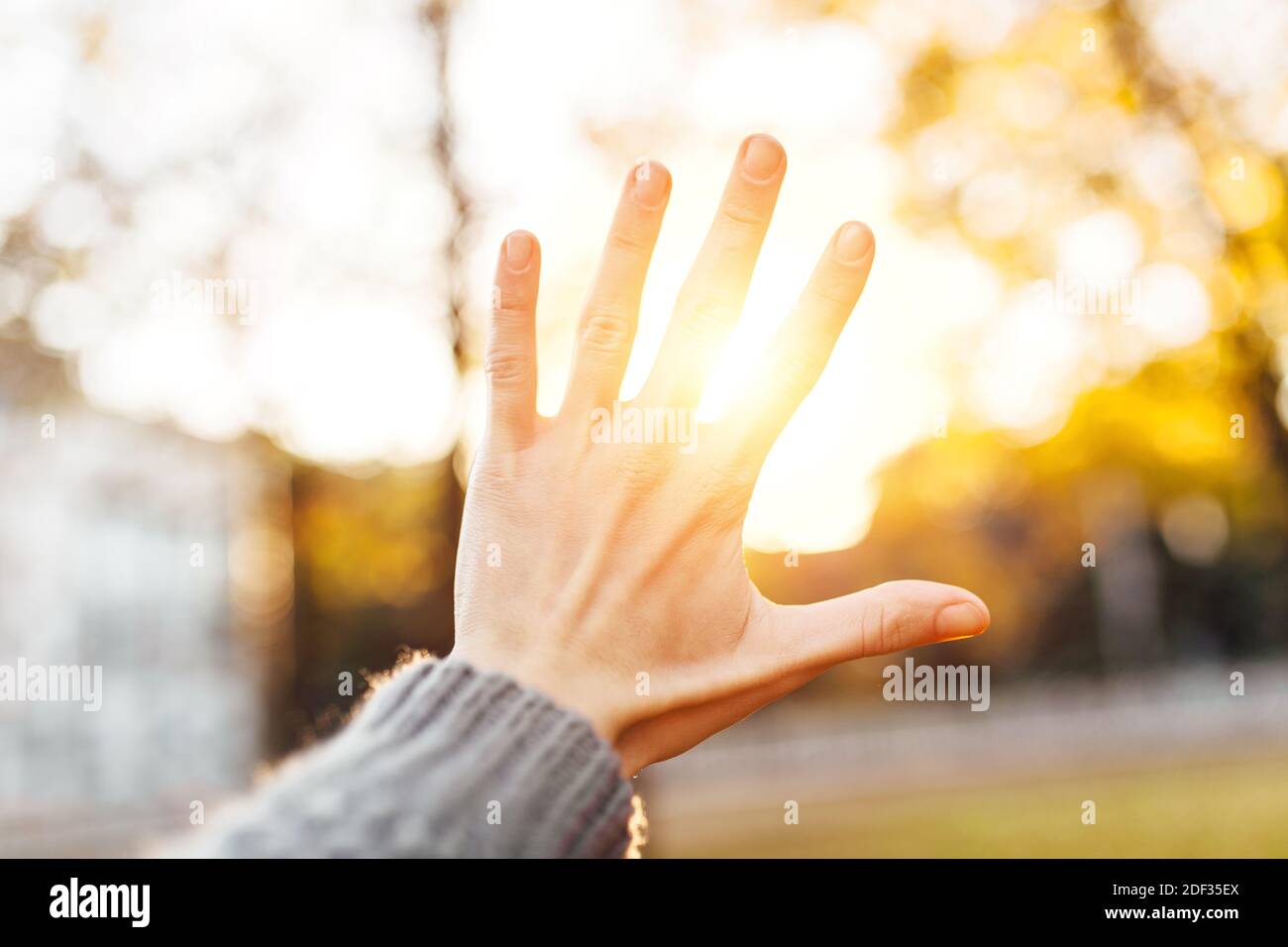 Hand silhouette against sunset. Rays of sun between fingers. Nature ...