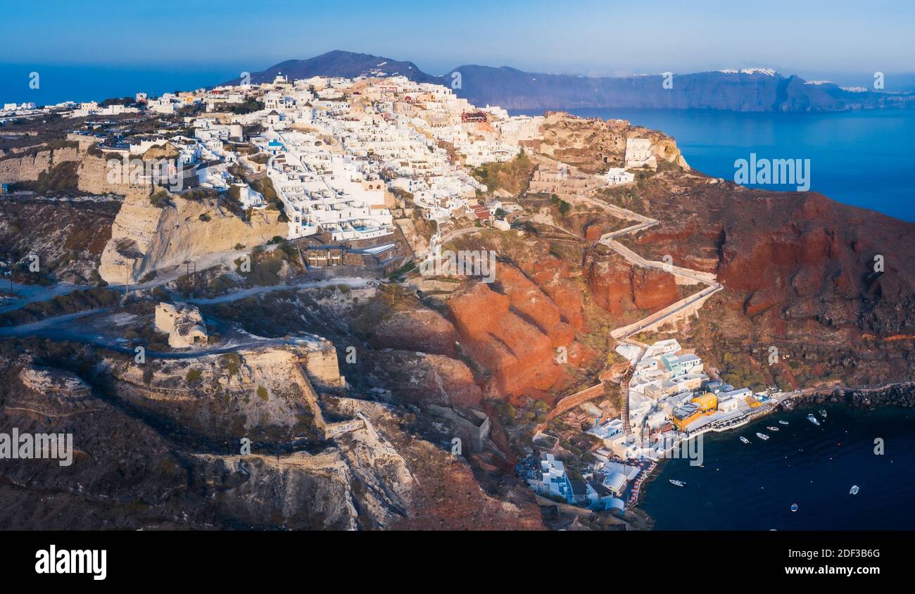Aerila view of Oia and Ammoudi village at Santorini, Greece Stock Photo ...