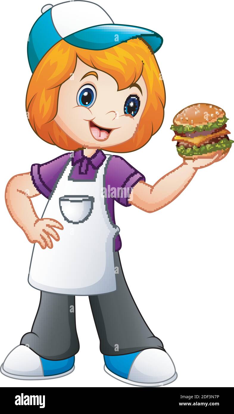 Vector illustration of Fast food waitress girl showing a hamburger ...