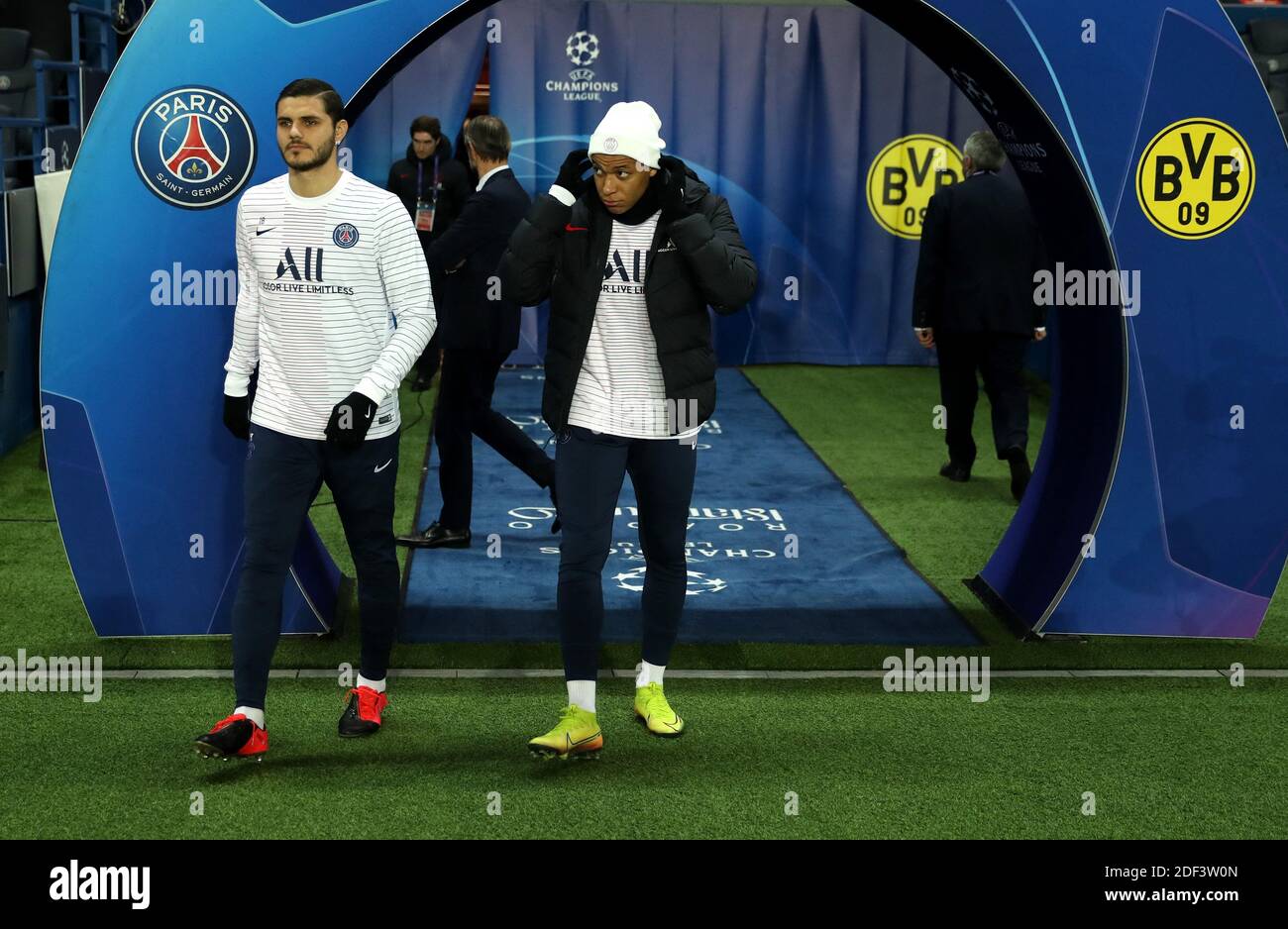 In this handout image provided by UEFA, Mauro Icardi and Kylian Mbappe ...