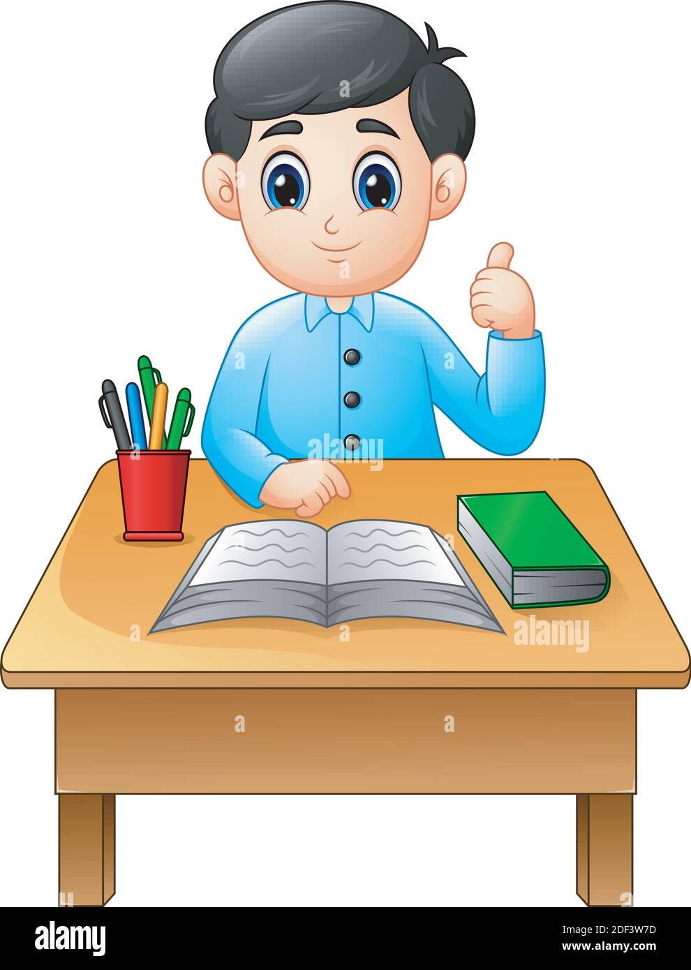 Vector illustration of Cartoon boy learning at table giving thumbs up ...