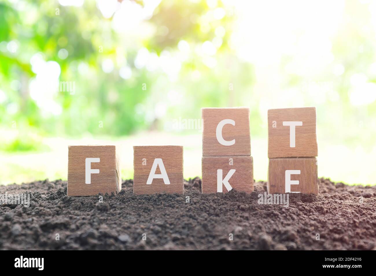 Fake news versus facts concept. Hand changing fake wooden blocks to ...