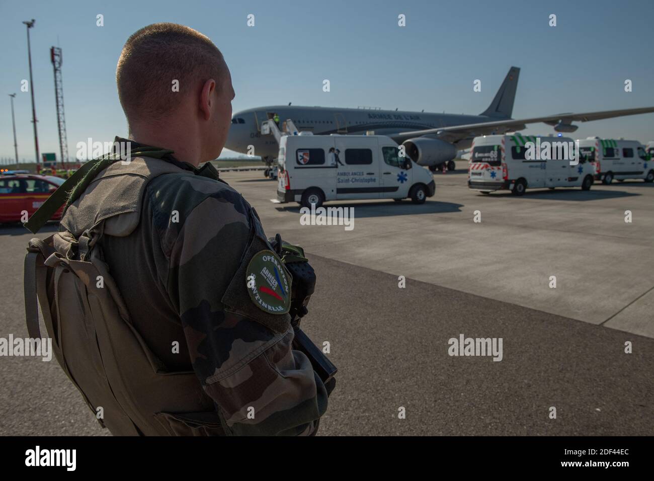 This handout picture released on March 18, 2020 by the French Army ...