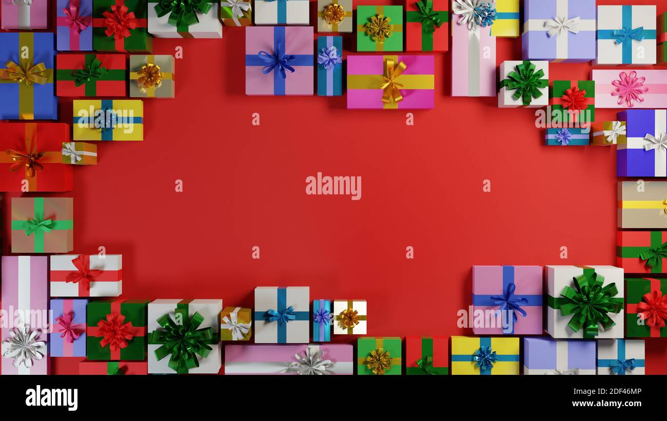 Gift boxes on red background with central negative space. Flat lay, top ...
