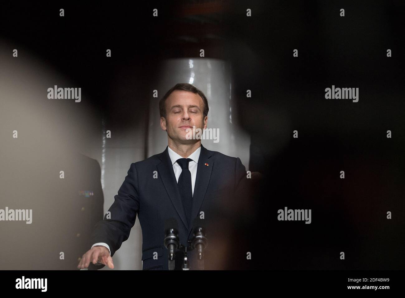 French President Emmanuel Macron gives a speech at the end of a visit ...