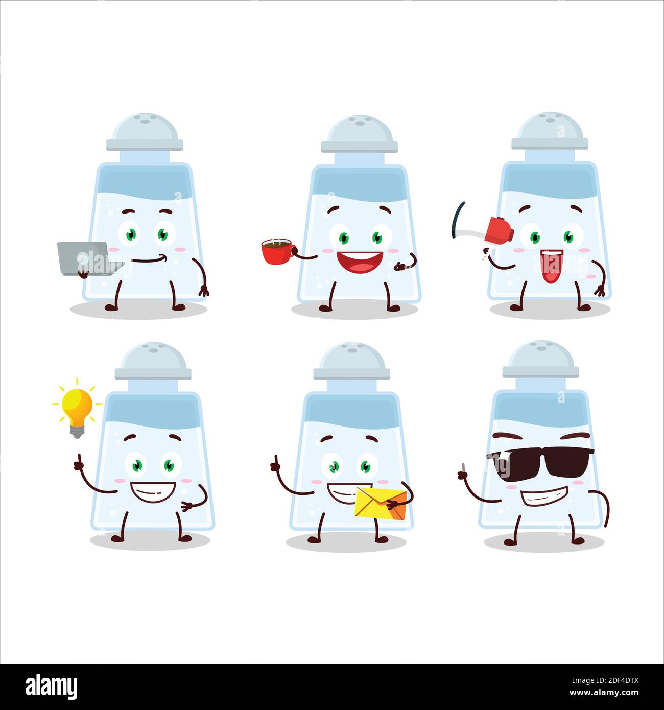 Salt shaker cartoon character with various types of business emoticons ...