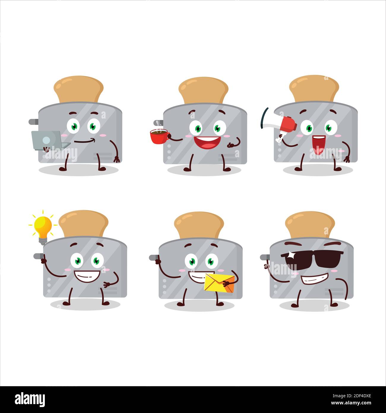 Toast maker cartoon character with various types of business emoticons ...