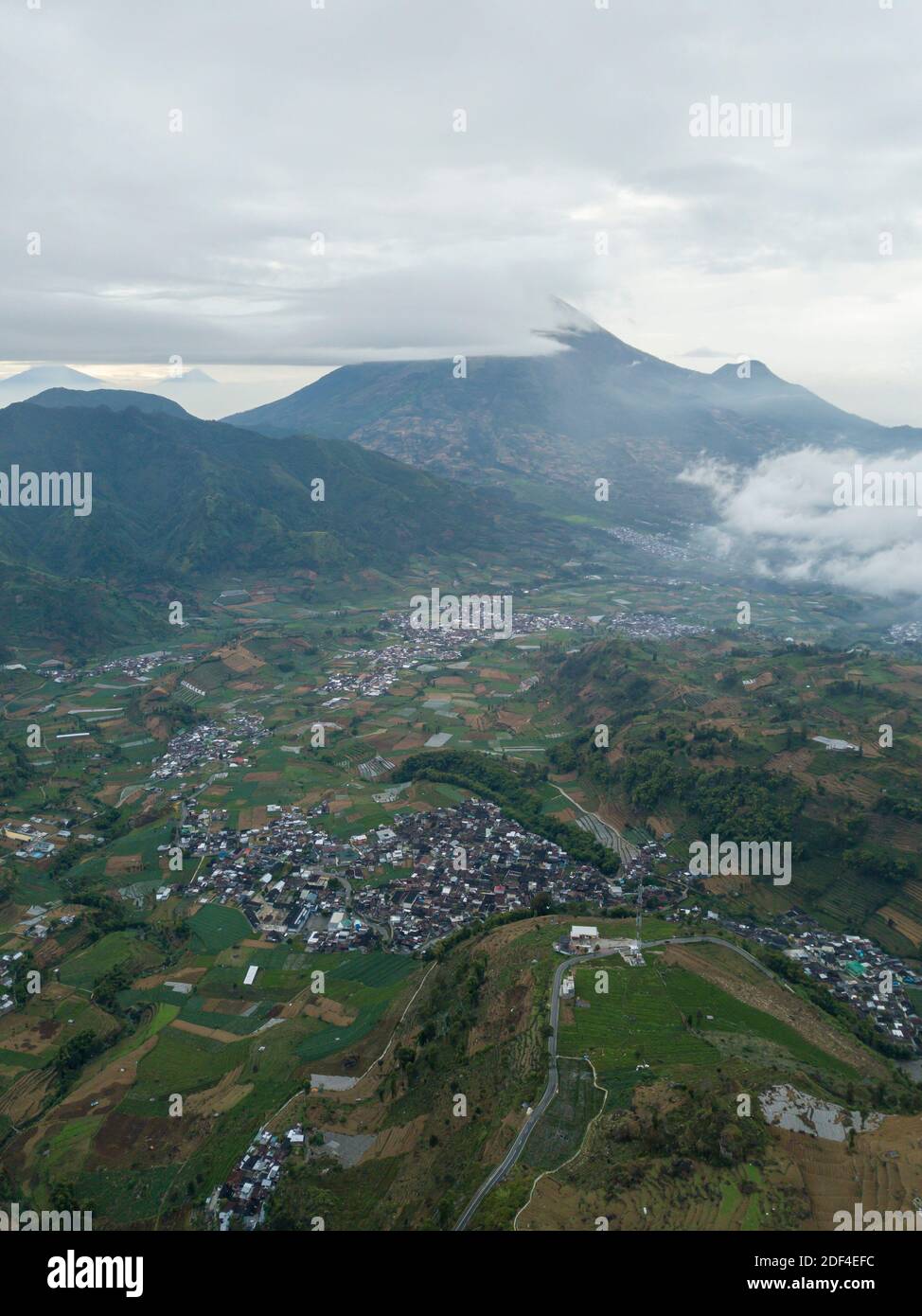 Aerial view of a village in the Dieng Plateau, Indonesia. morning view ...