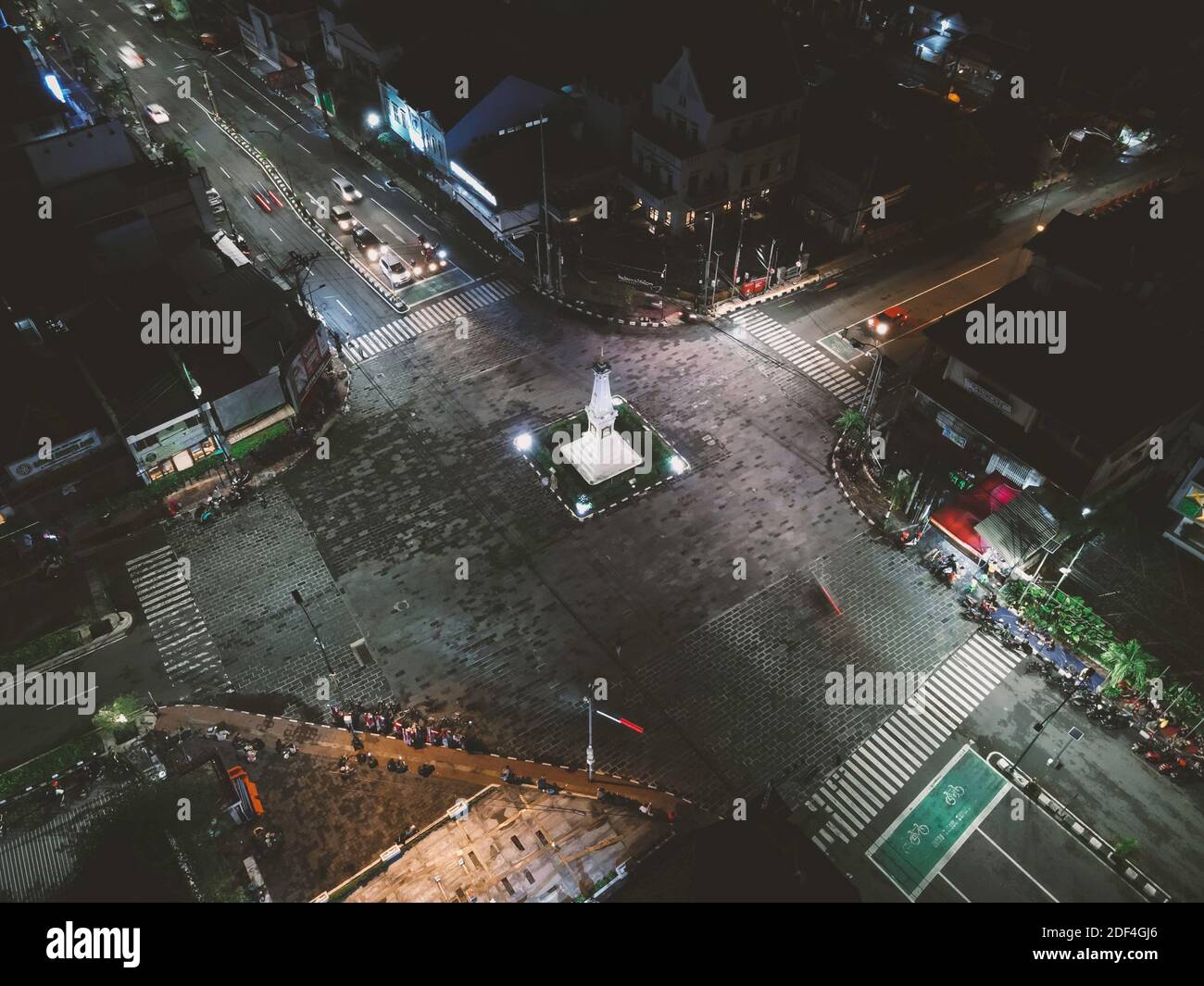 Aerial view of Tugu Jogja or Yogyakarta Monument, Indonesia at night ...