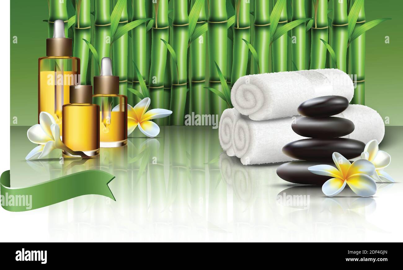 Vector realistic spa wellness background with oils and essentials ...