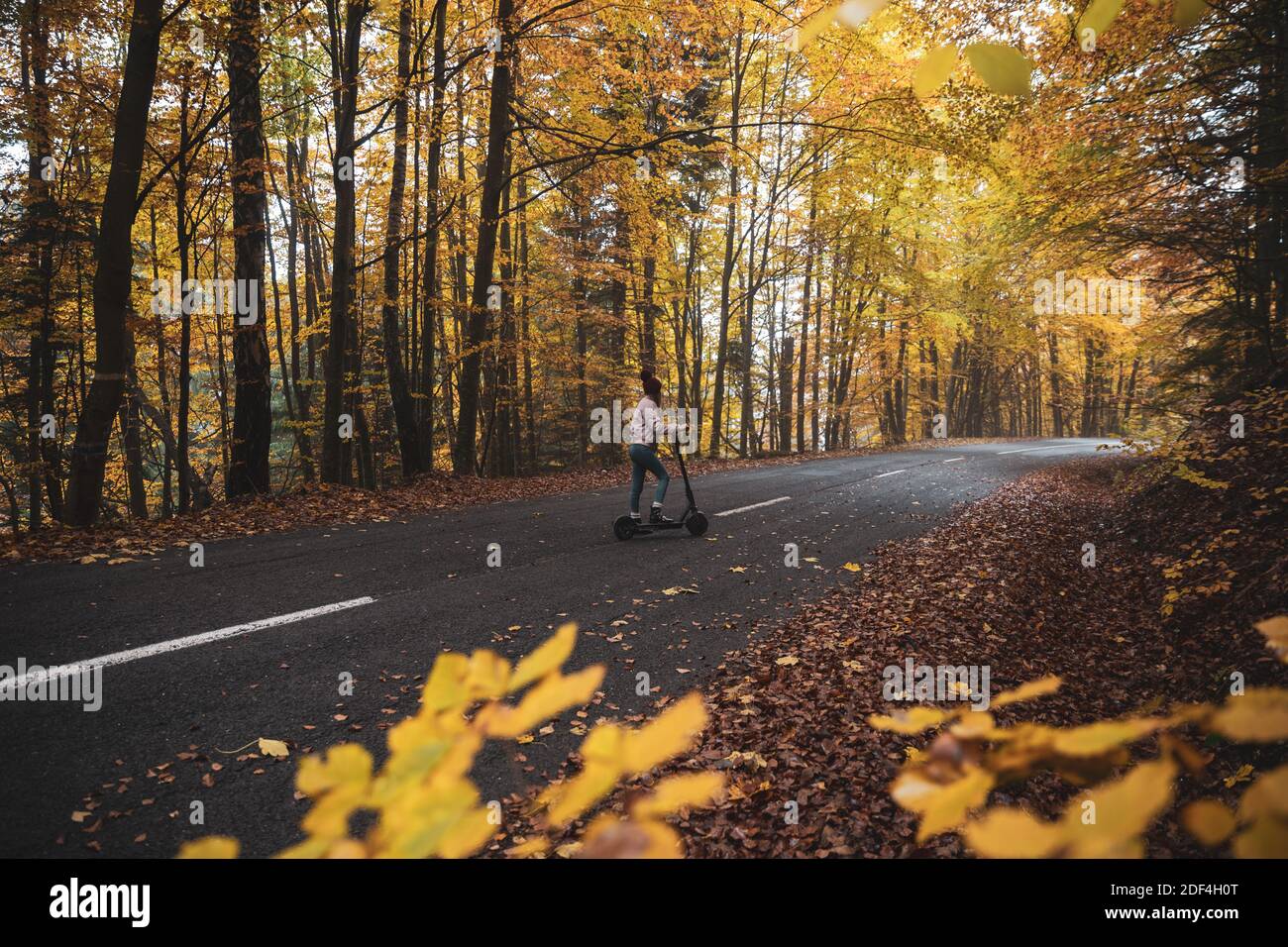 Young adult person riding modern electric scooter along beautiful ...