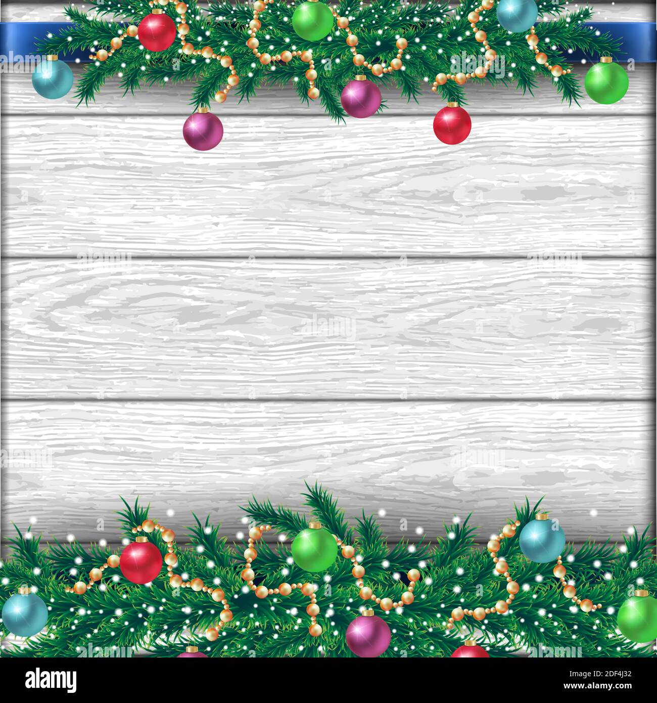 Christmas border with fir branches, accessories, ribbons and shiny ...