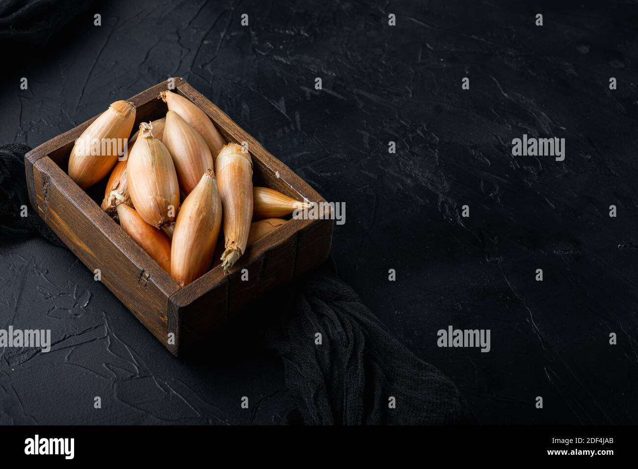 Raw whole baby shallot onion, on black textured background with space ...