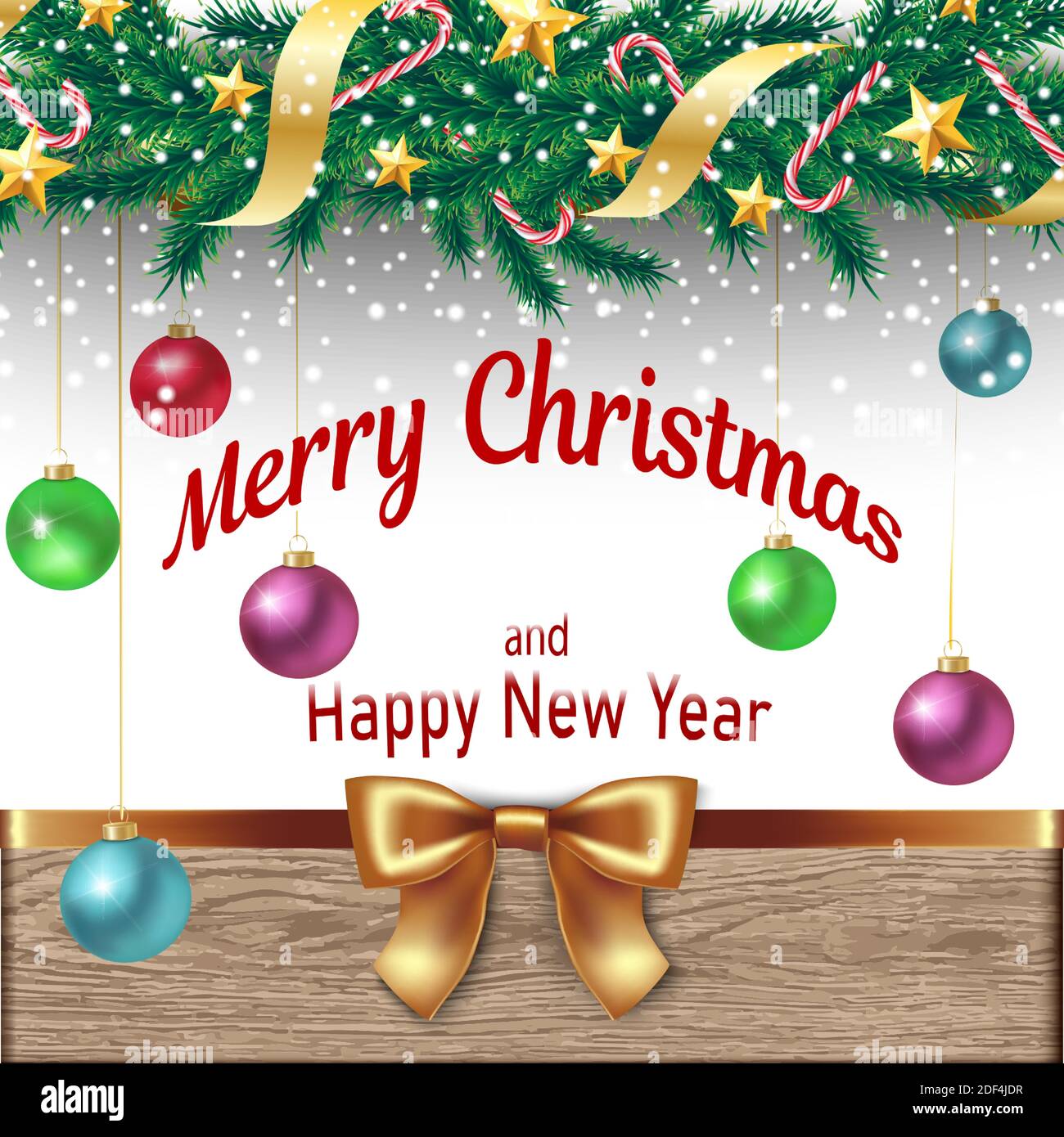 Christmas tree border with decorations and fir branches, shiny balls ...