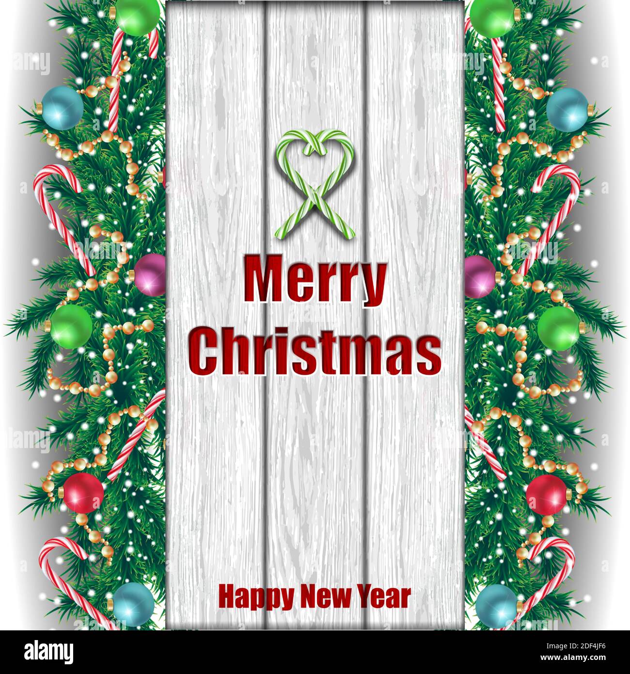 Christmas tree border background on wooden tiles with decorations and ...