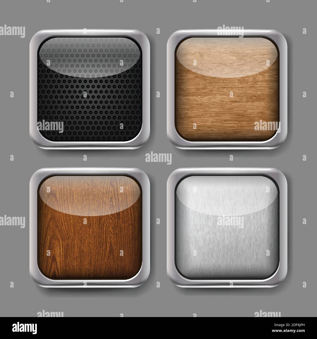 Vector realistic set of app buttons. Icons with metal modern frame and ...