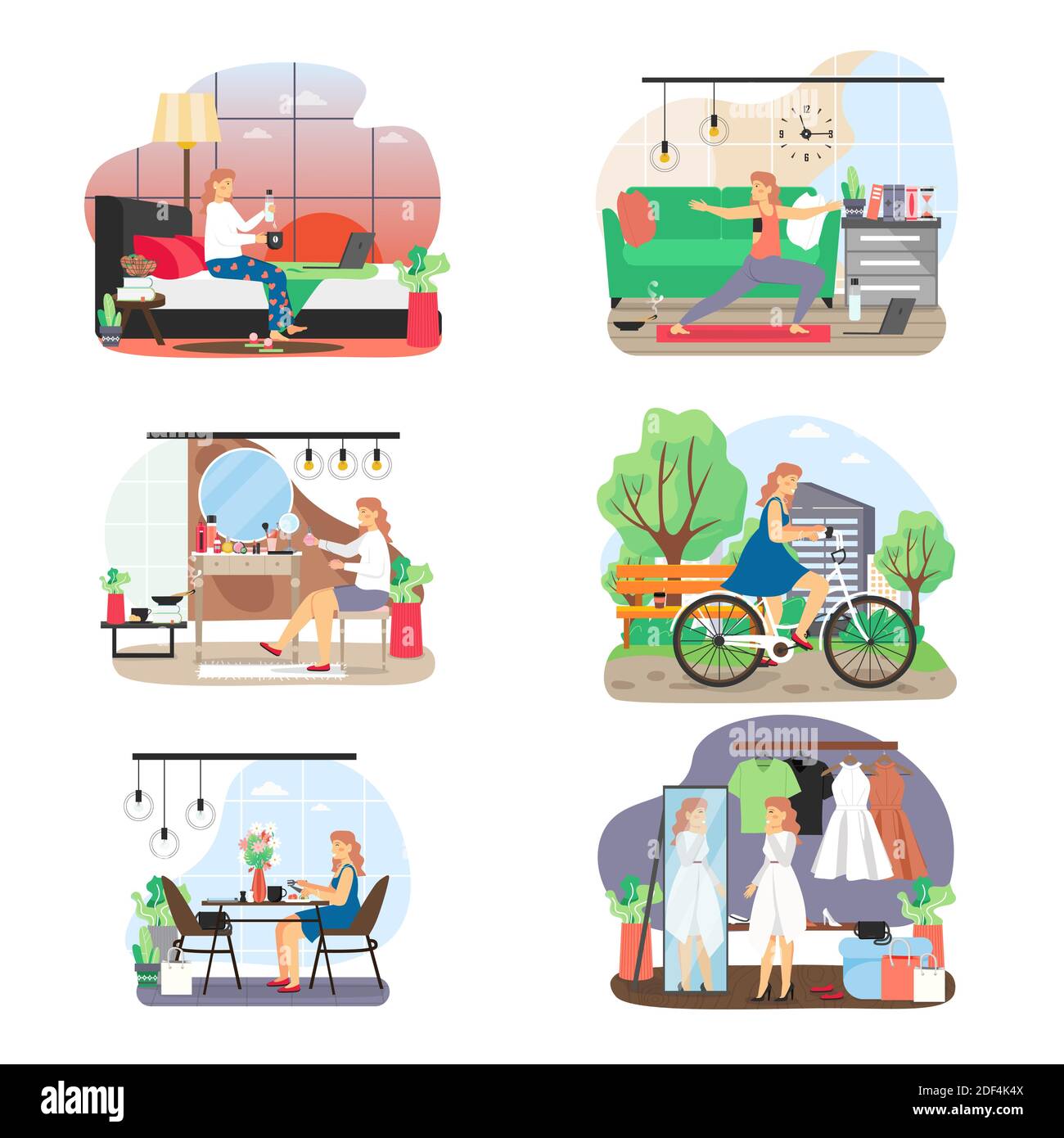 Woman daily life set, flat vector illustration. Daily morning routine ...