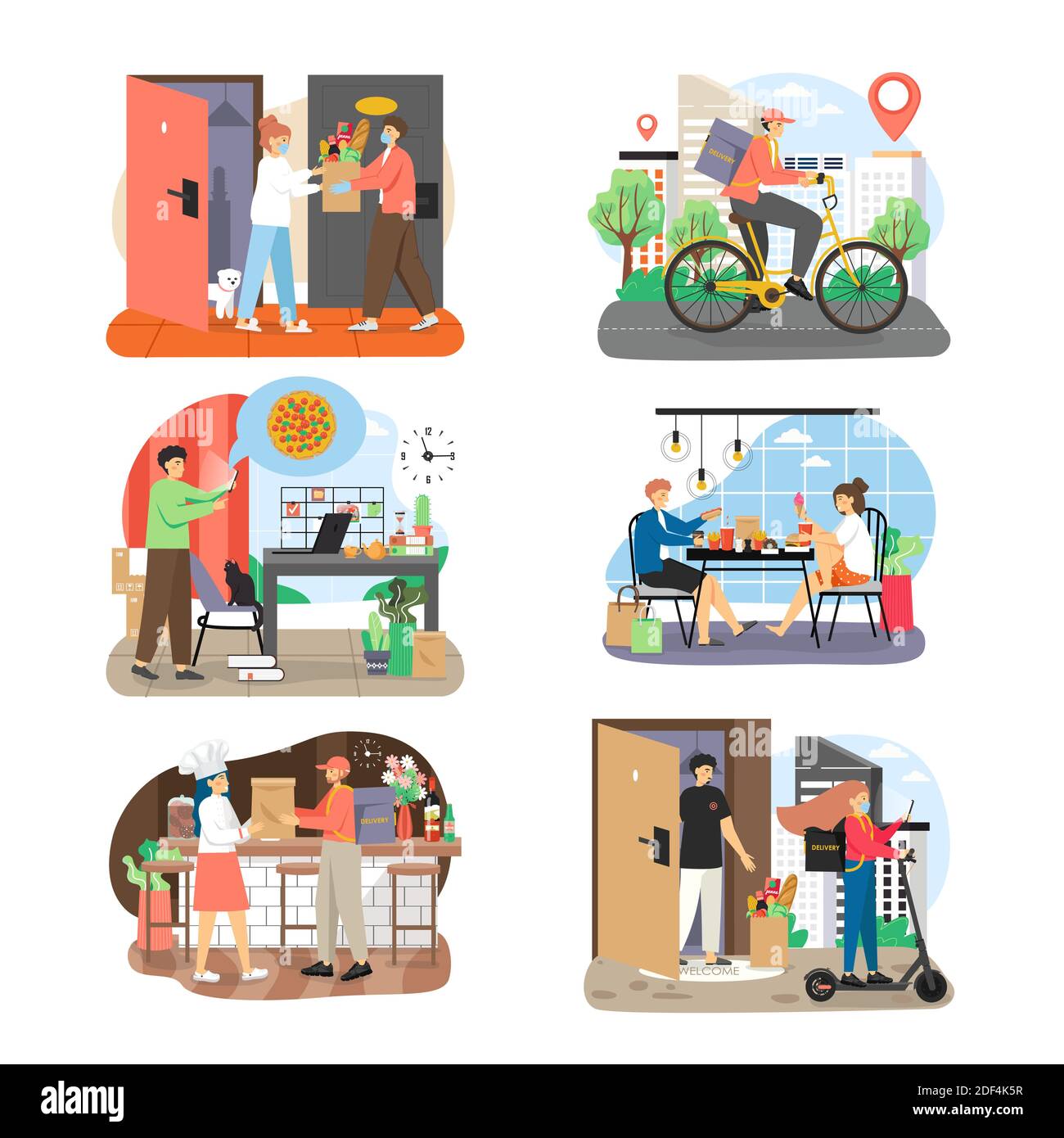 Food delivery set, flat vector illustration. People ordering, chef ...