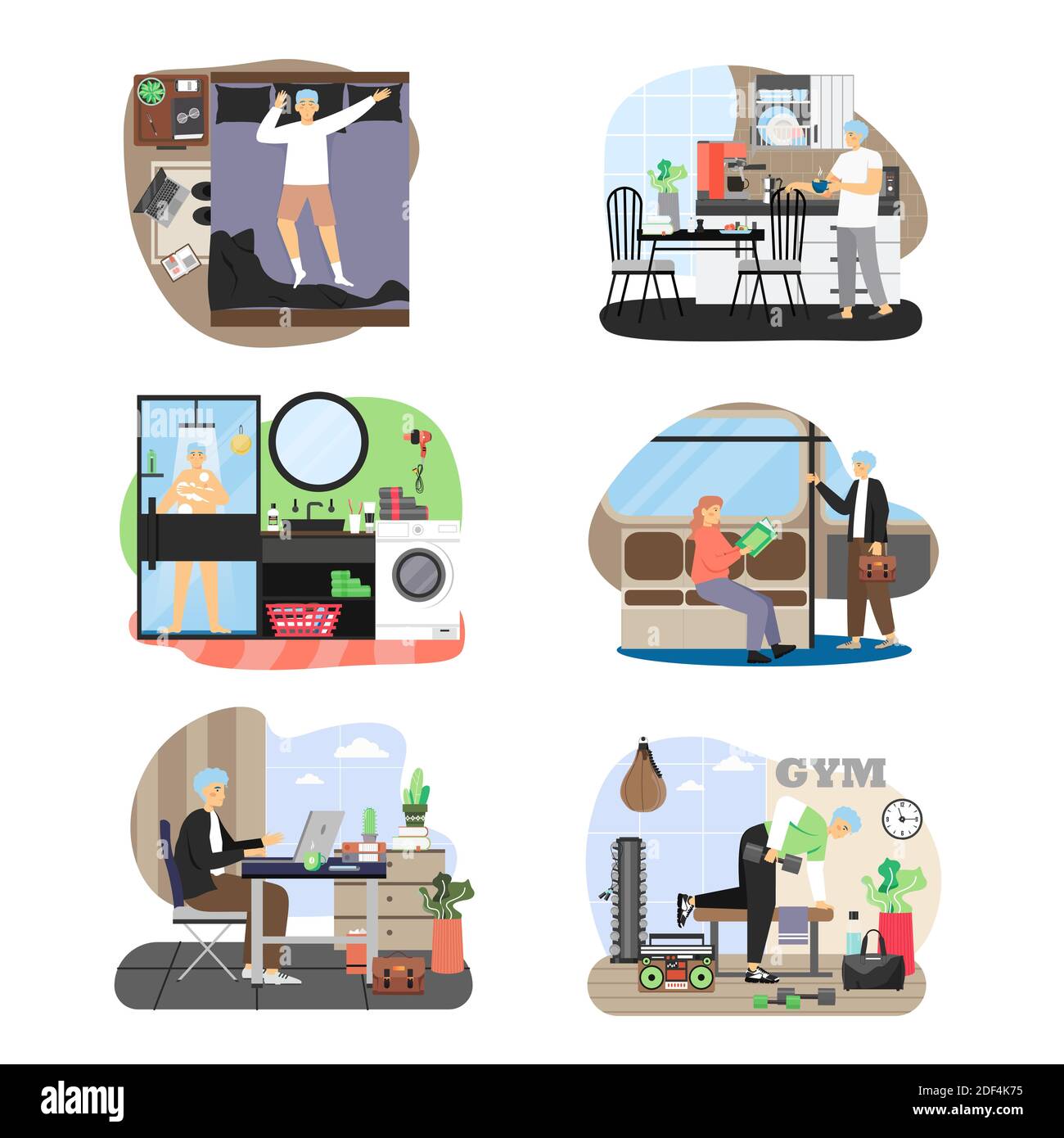 Man daily life set, flat vector illustration. Daily morning routine ...