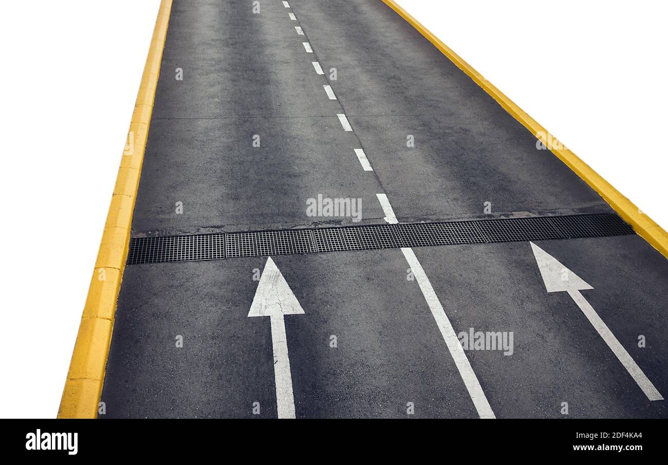 Country Asphalt road with white lines direction arrow isolated on white ...