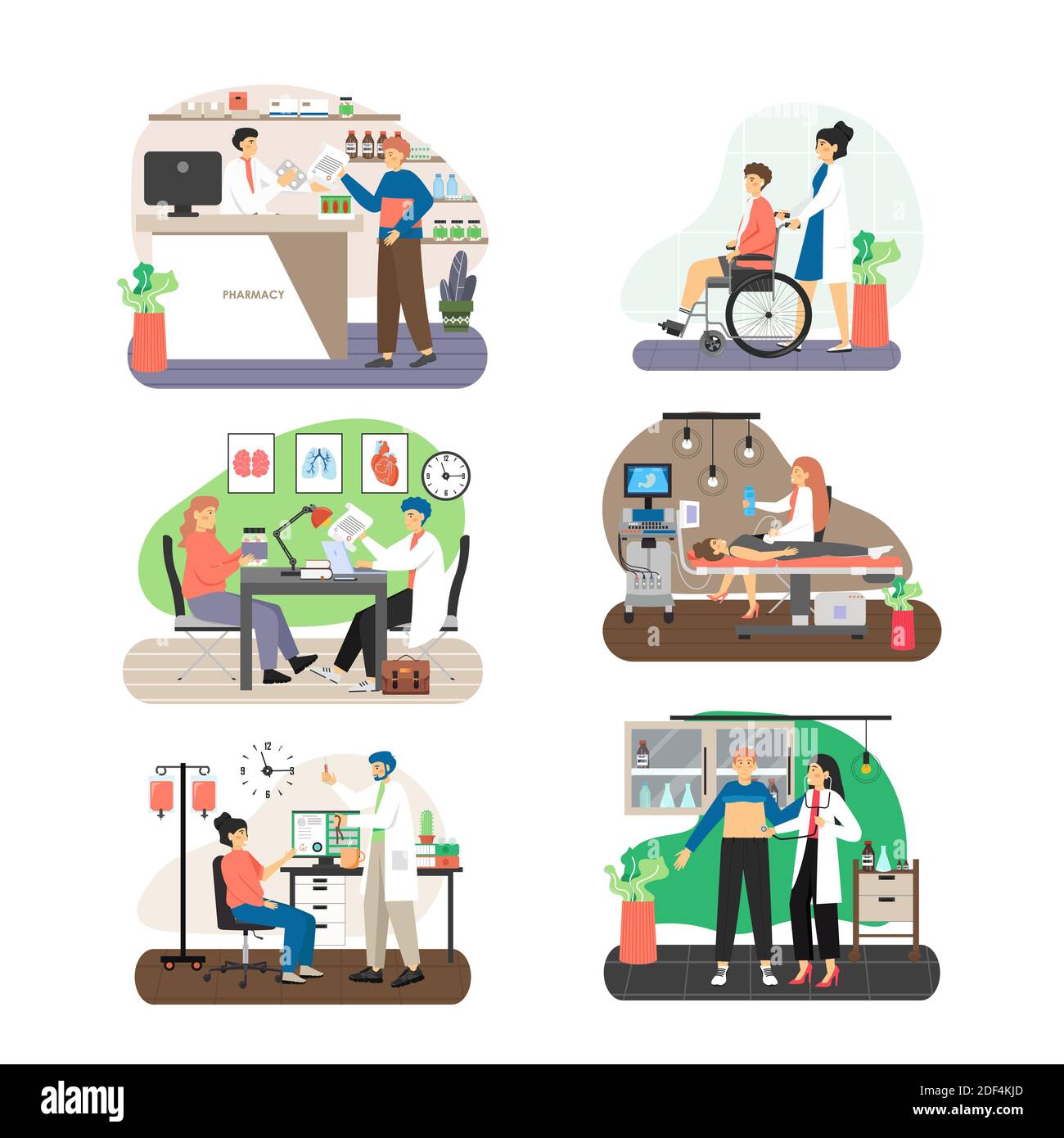 Patient visiting doctor scene set, flat vector illustration. Doctor ...