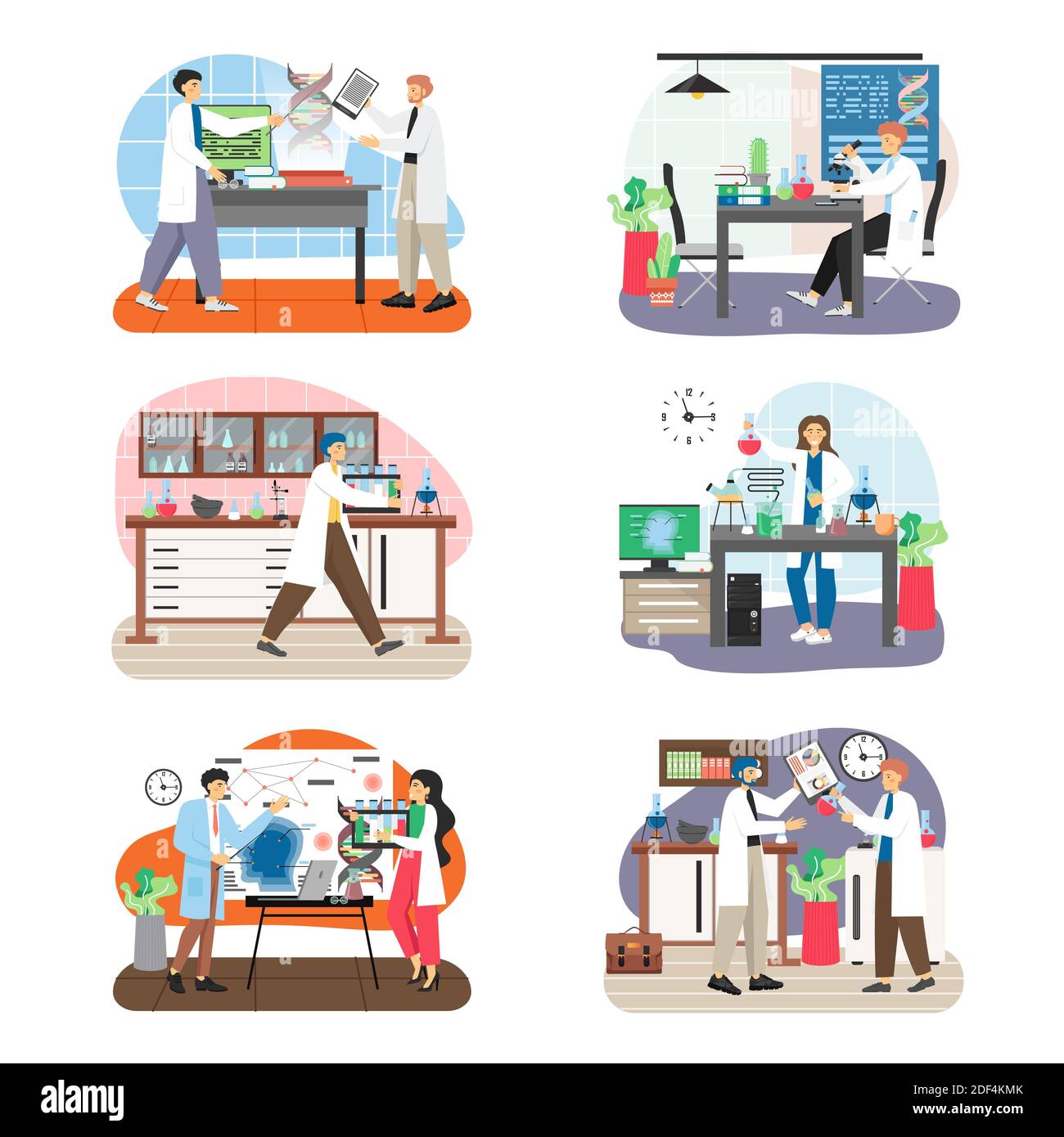 Science research laboratory scenes, flat vector illustration. Genetic ...