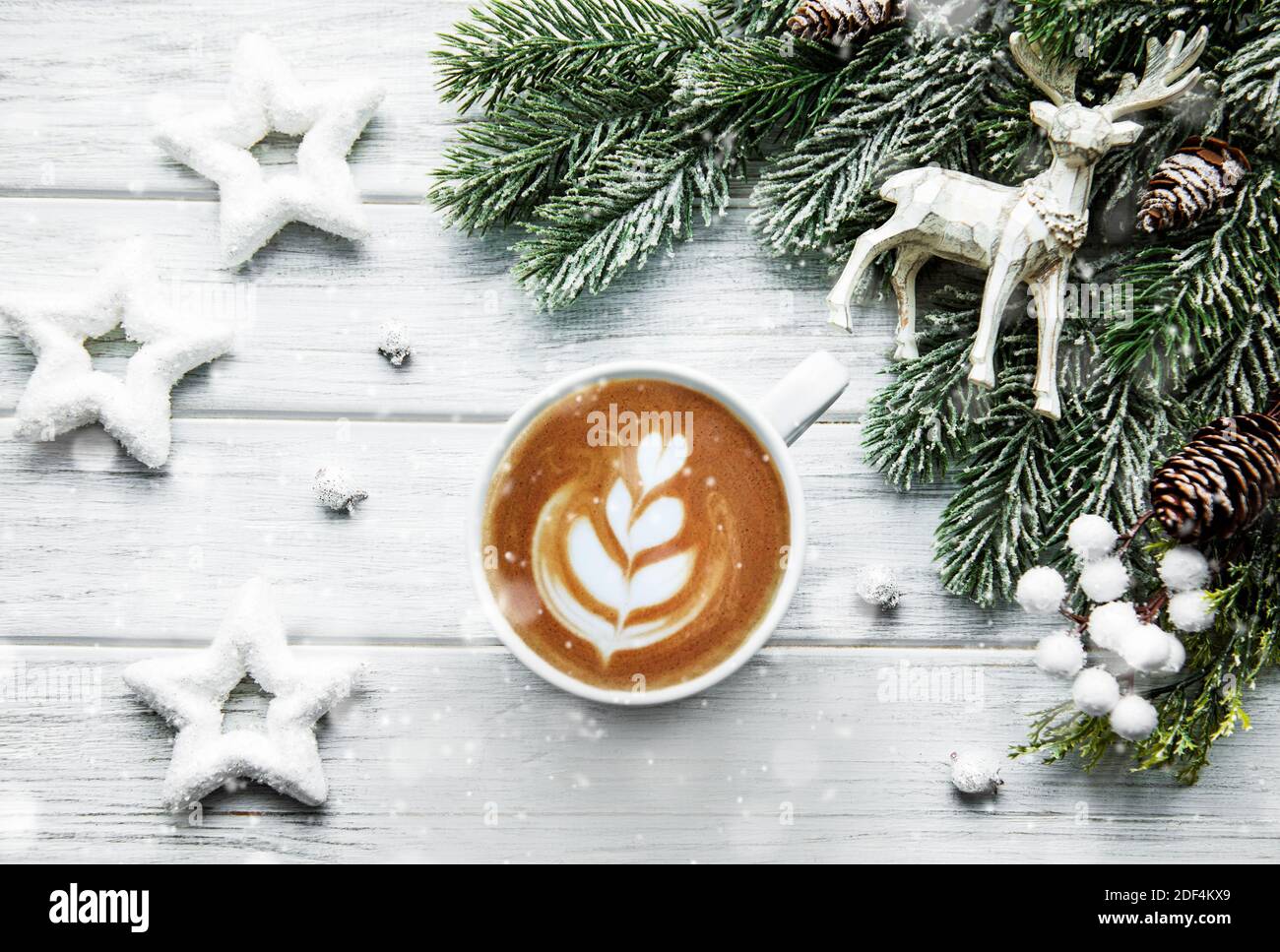 Christmas and happy new year card with cup of coffe, pine, fir on white ...
