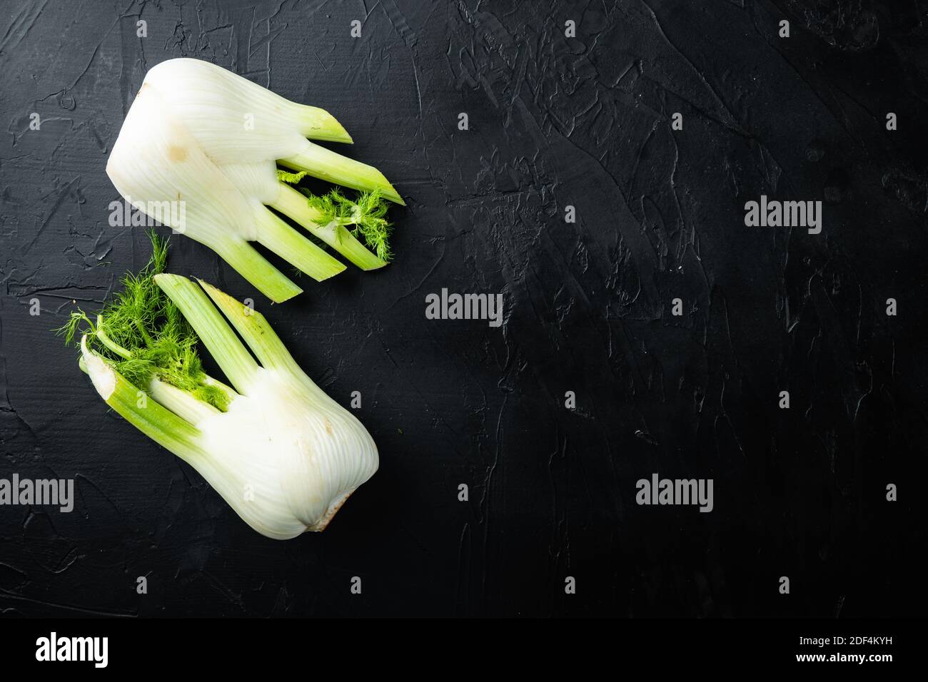 Fennel bulbs, on black textured background, top view with space for ...