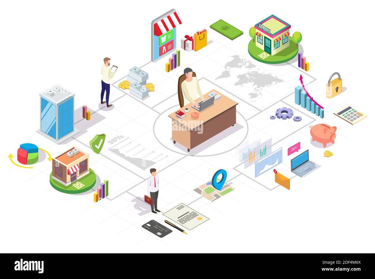 Franchise business isometric flowchart, flat vector illustration. Chain ...