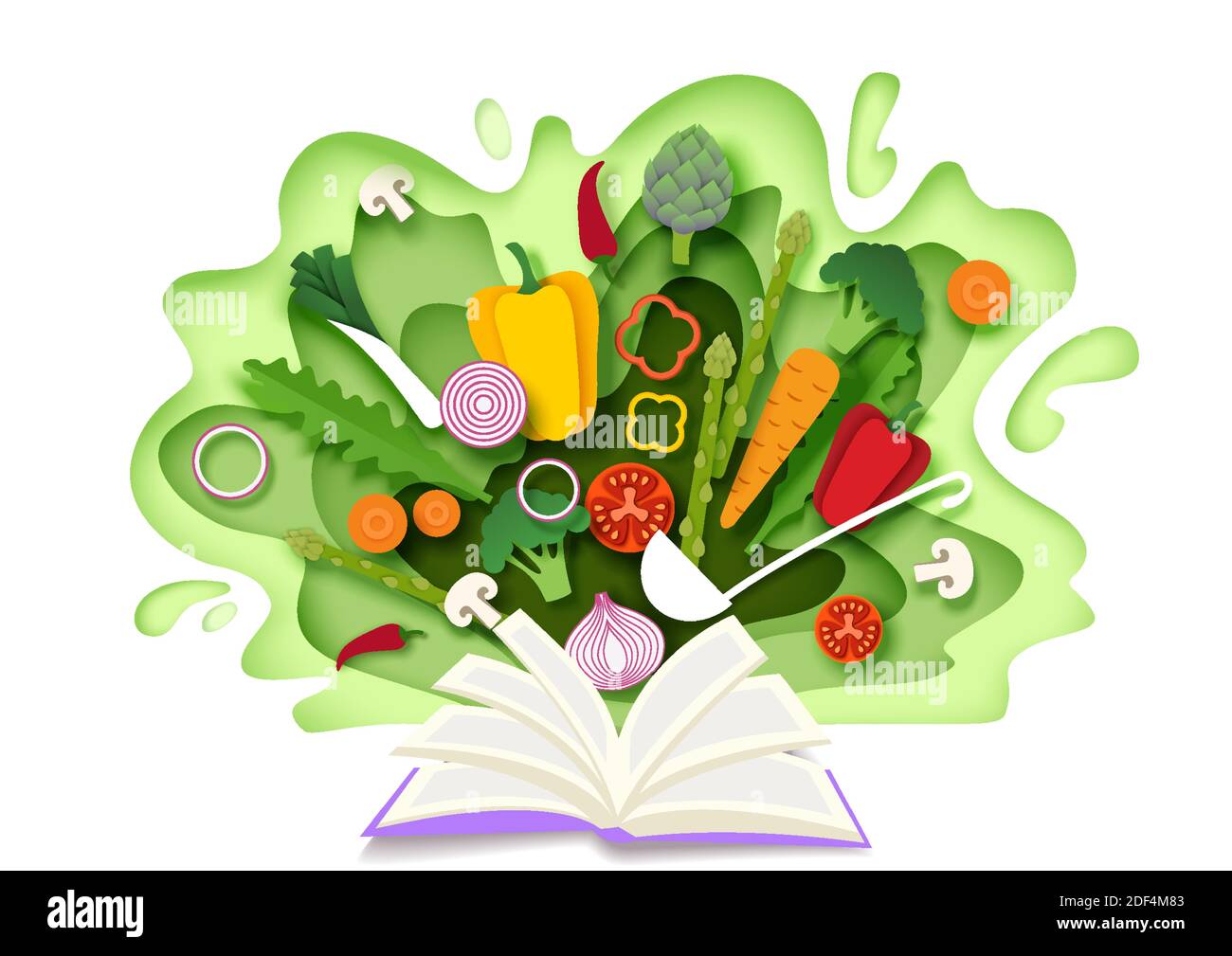Open recipe book with fresh vegetables. Vector illustration in paper ...