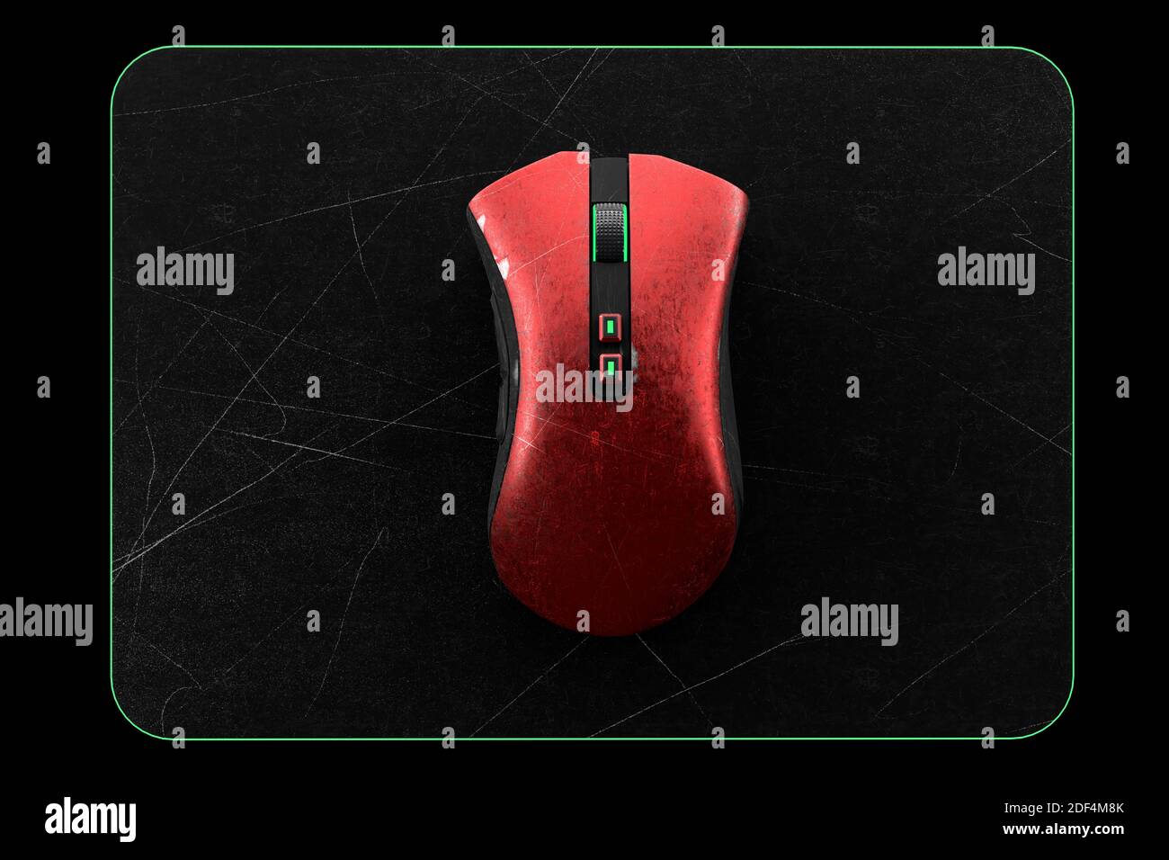 Used metal red gaming mouse with scratches on professional pad isolated ...