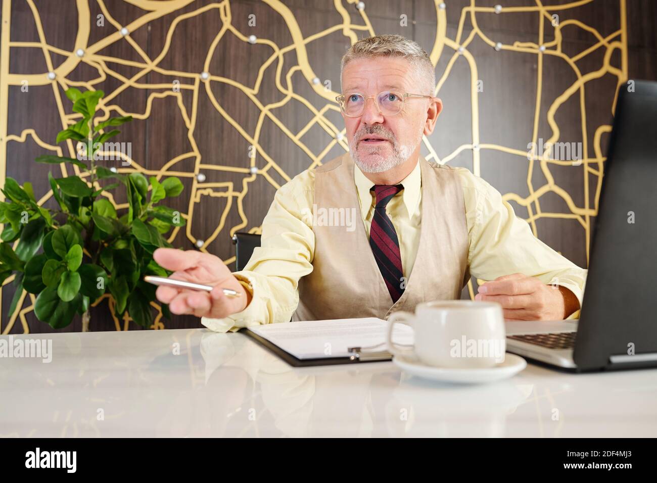 Mature company CEO sitting at office desk with laptop and documents and ...