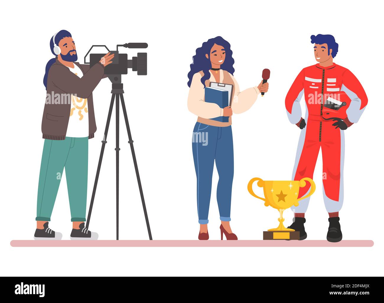 Interview with sport car race champion. Female journalist, cameraman interviewing race driver ...