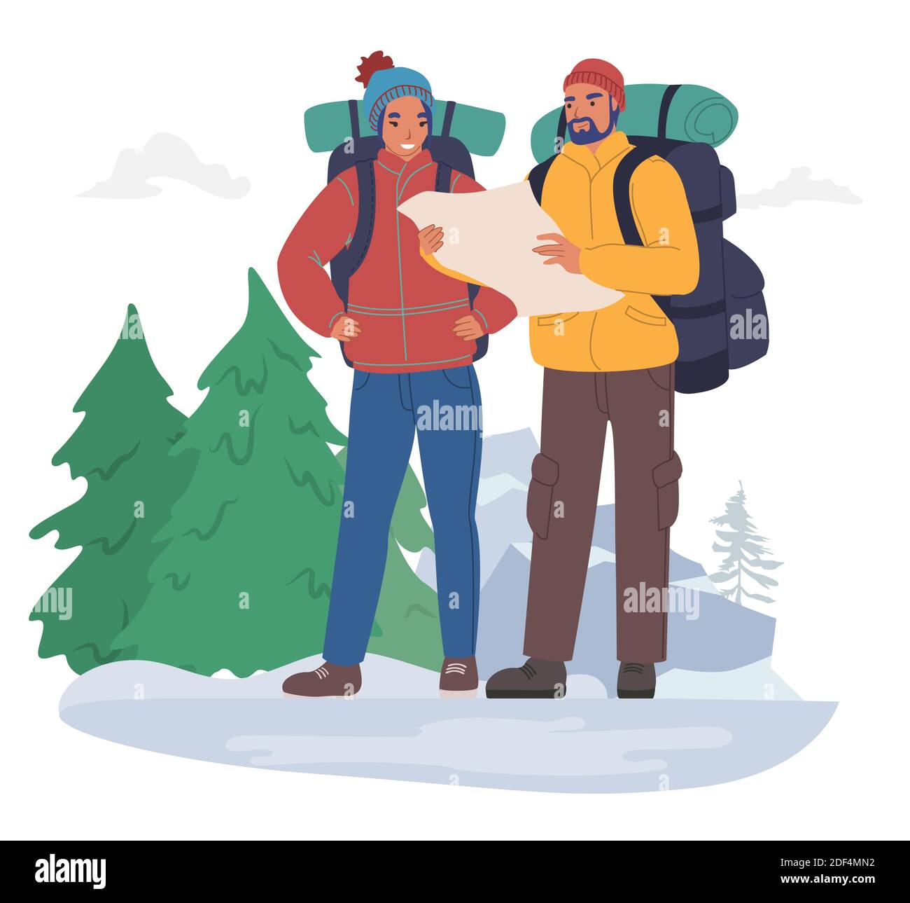 Happy tourist couple with backpacks wearing winter clothing looking at map, flat vector ...