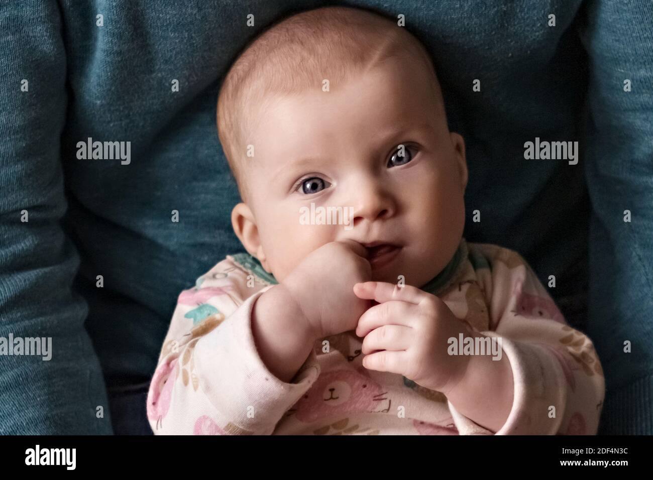 A small child is squeezed on his father's lap. A man holds the baby's ...