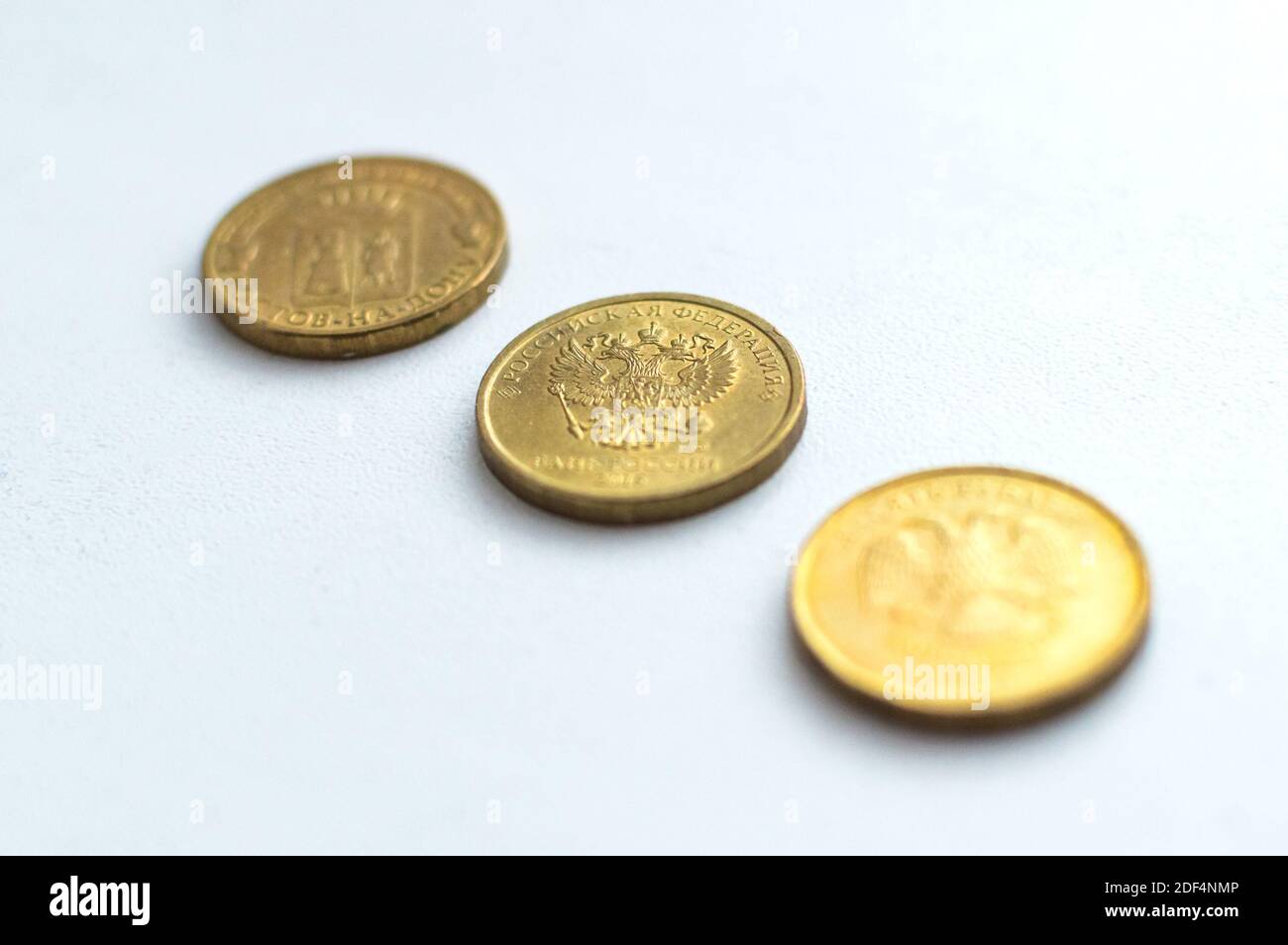 Three different type of eagle side of coin on ten russian ruble coin ...