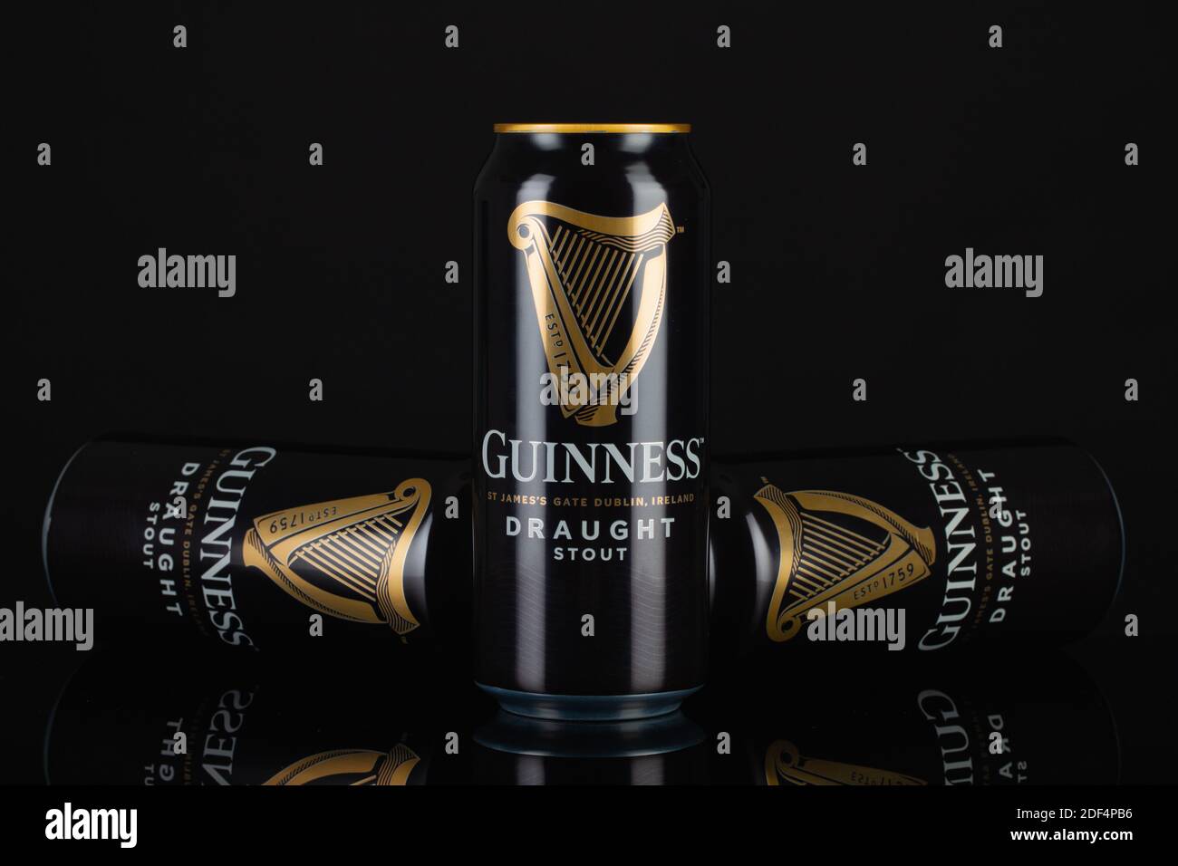 Prague,Czech Republic - 12 November,2020:Guinness cans on the black ...