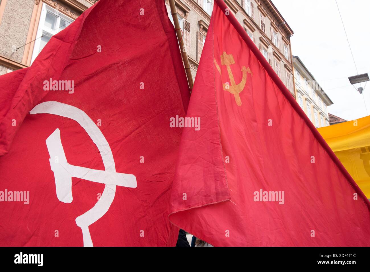 Red hammer and sickle flag, symbol for the communist movement Stock ...