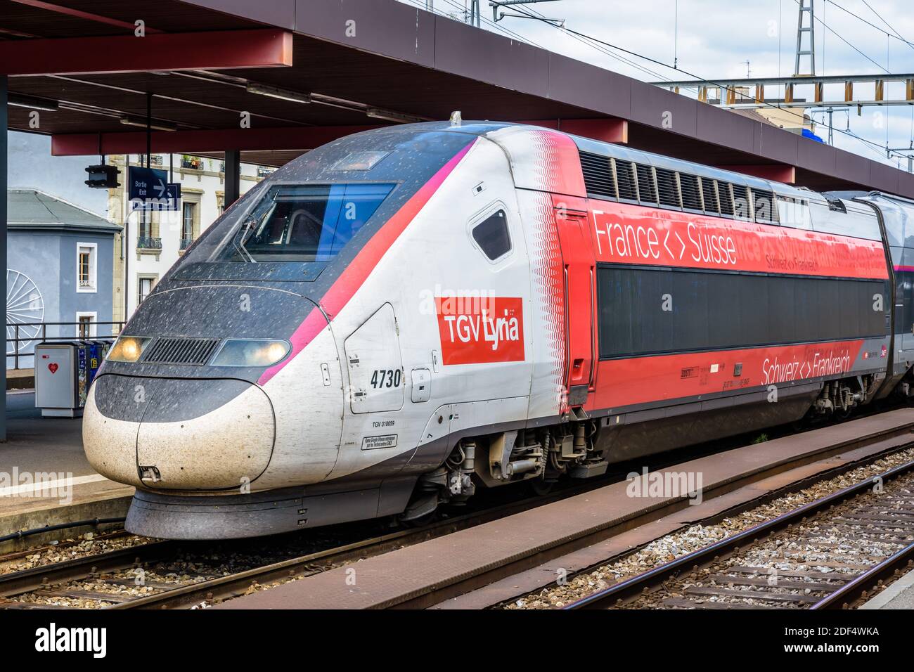 A TGV Lyria Duplex high speed train in its 2019 livery, connecting ...