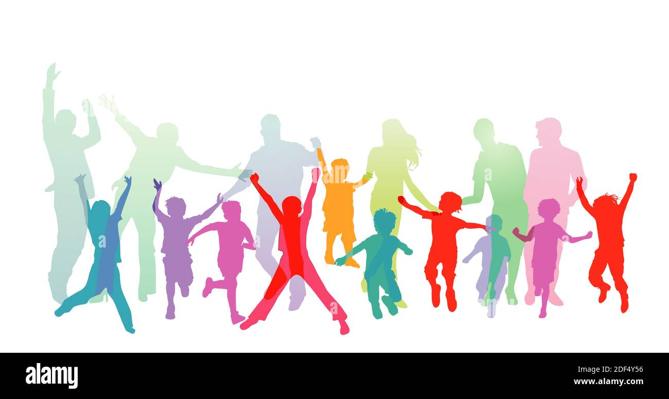 Happy families with children jump and rejoice Stock Vector Image & Art ...
