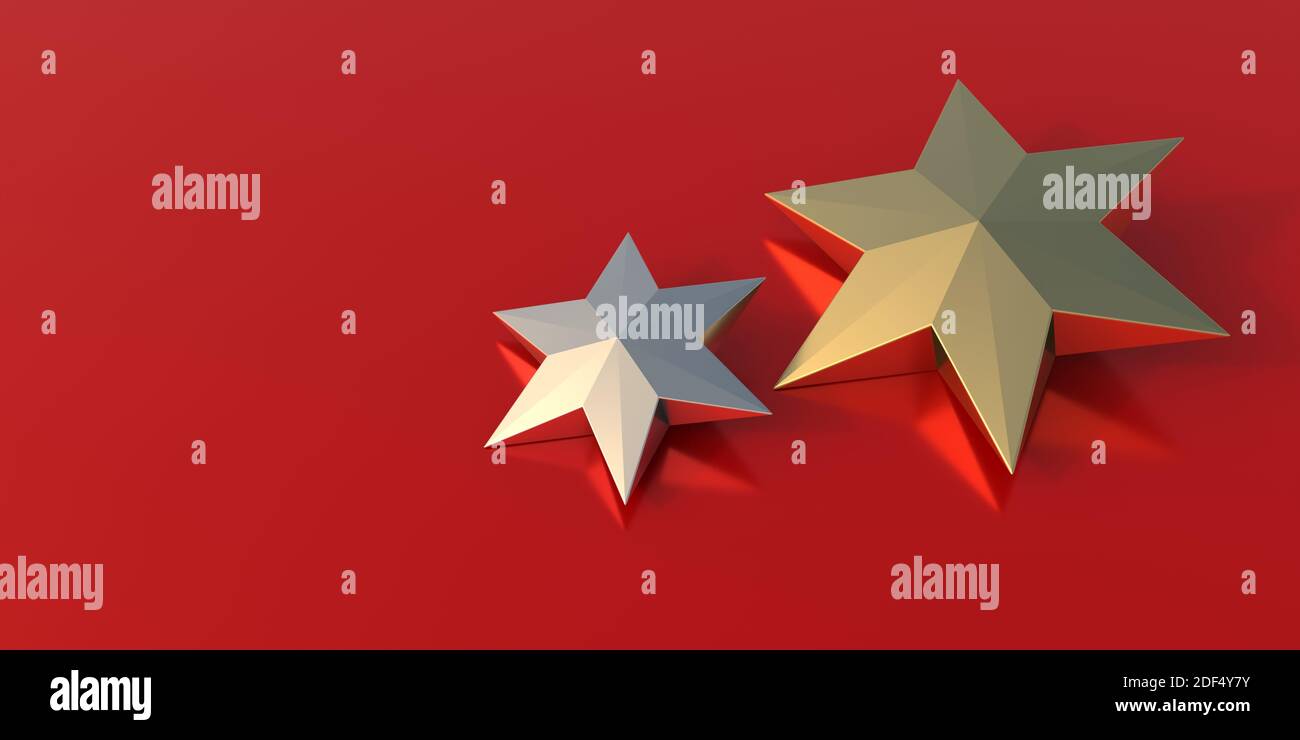 Gold and silver stars against red background. Two stars, large golden ...