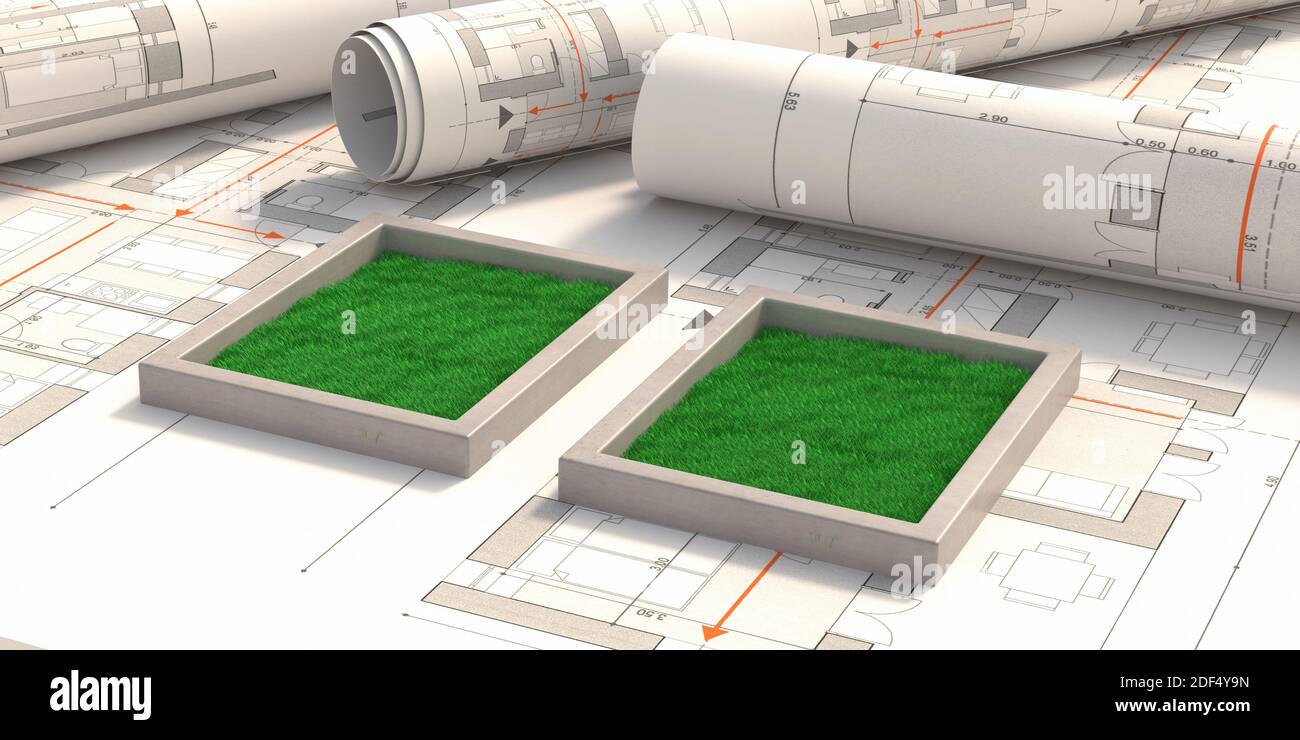 Landcsape architect. Grass on blueprint. Residential building garden ...