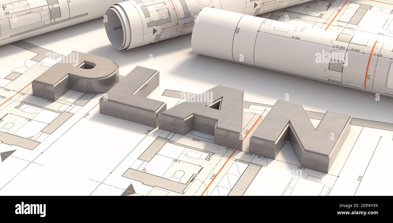 PLAN text on blueprint. Construction business, goals, strategy ...