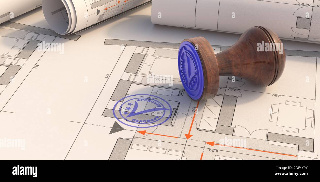 Plan approval. Blue stamp APPROVED on blueprint. Construction business ...
