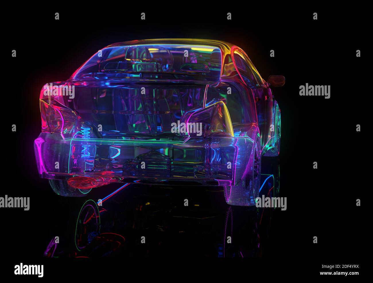 Glass car with neon lighting. The edges of the car are highlighted ...