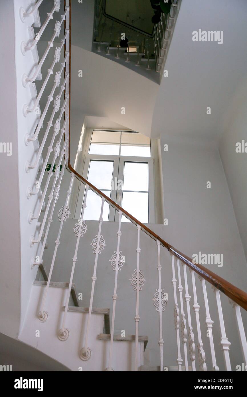 A perspective view of a staircase and its railing from below Stock ...